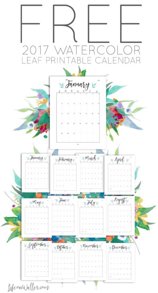 Free 2017 Watercolor Leaf Printable Calendar